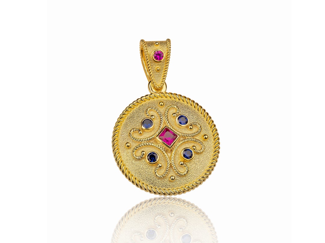 Round Byzantine Pendant With Ruby Sapphire, Byzantine Jewelry, Greek ...