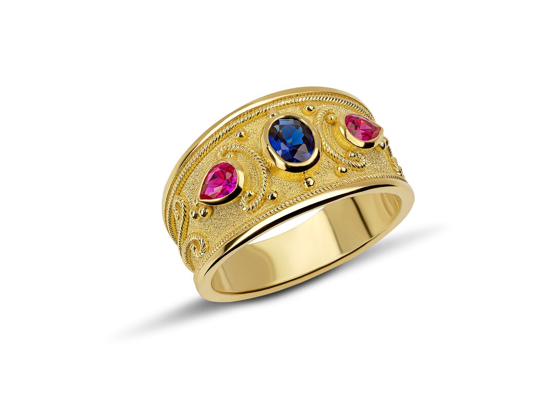 Ruby Sapphire Byzantine Ring, 18K Gold Byzantine Ring, Gemstone Solid ...