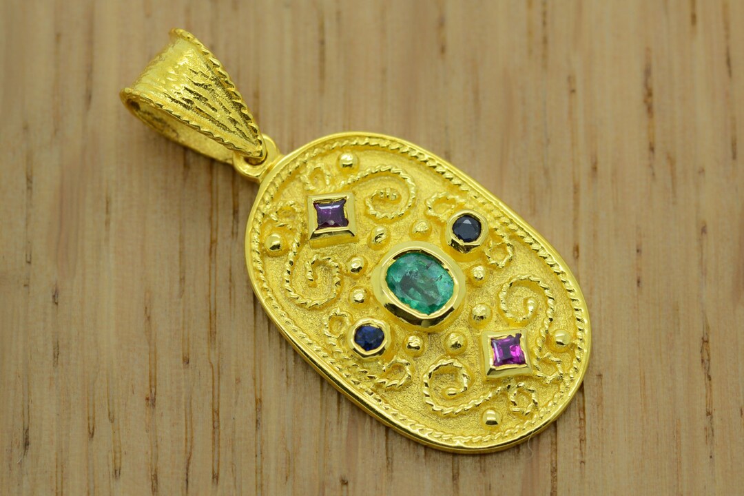 14K Solid Gold Natural Emerald Pendan Byzantine Style Natural Rubies ...