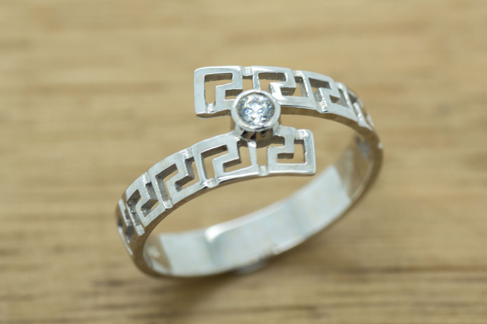 Engagement Ring 14K White Gold Greek Key Ring Round Cubic | Etsy