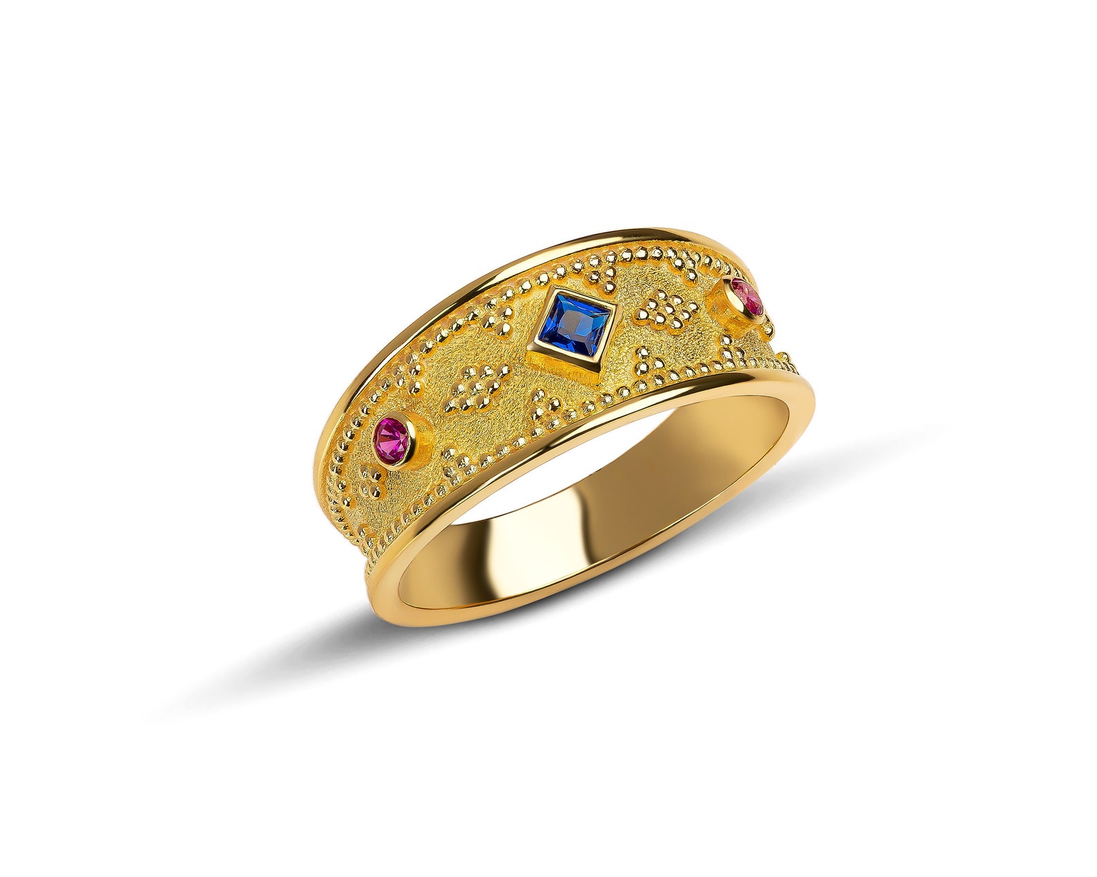 Princess Cut Sapphire Ruby 18K Gold Byzantine Ring - Etsy Canada