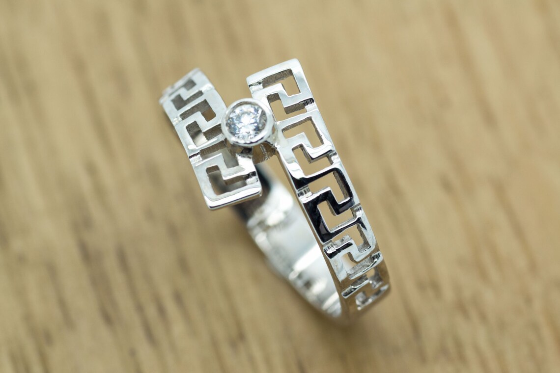 Engagement Ring 14K White Gold Greek Key Ring Round Cubic | Etsy