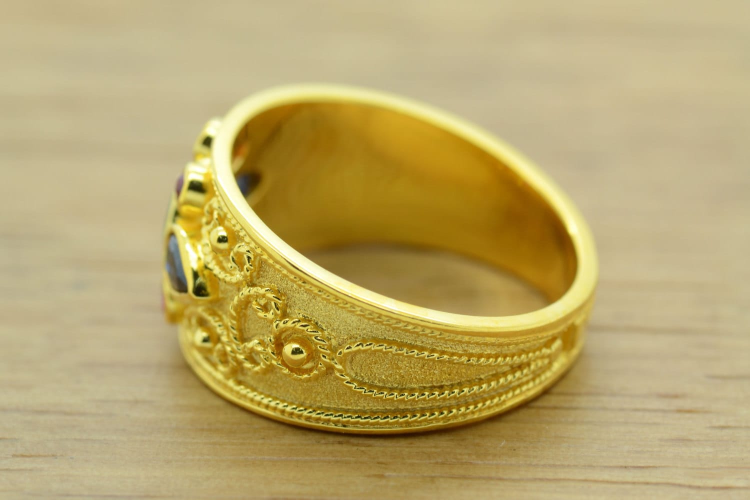 14K Solid Gold Gemstone Ring, Byzantine Filigree, Handmade Greek ...
