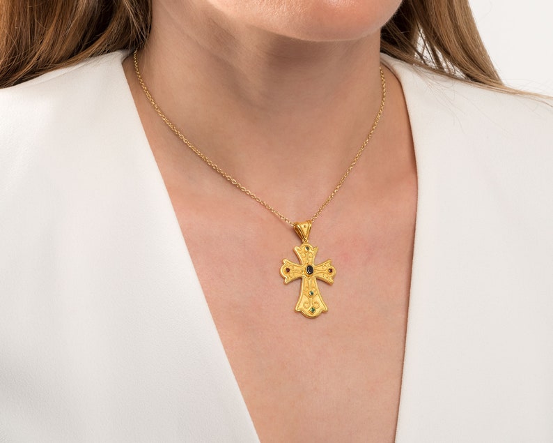 Ruby Sapphire Emerald Cross, 18K Solid Gold, Byzantine Cross, Greek ...