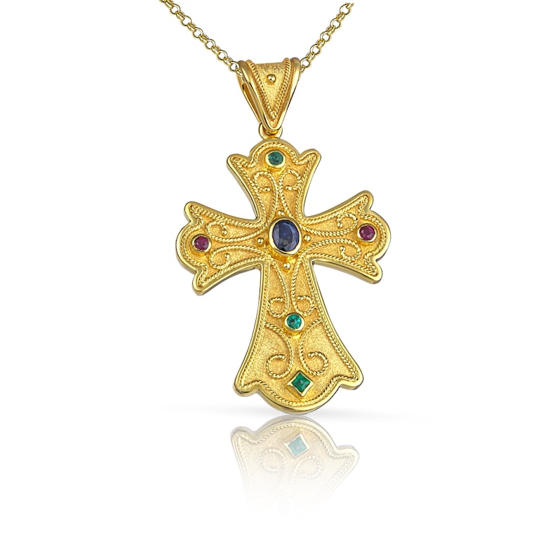 Ruby Sapphire Emerald Cross, 18K Solid Gold, Byzantine Cross, Greek ...