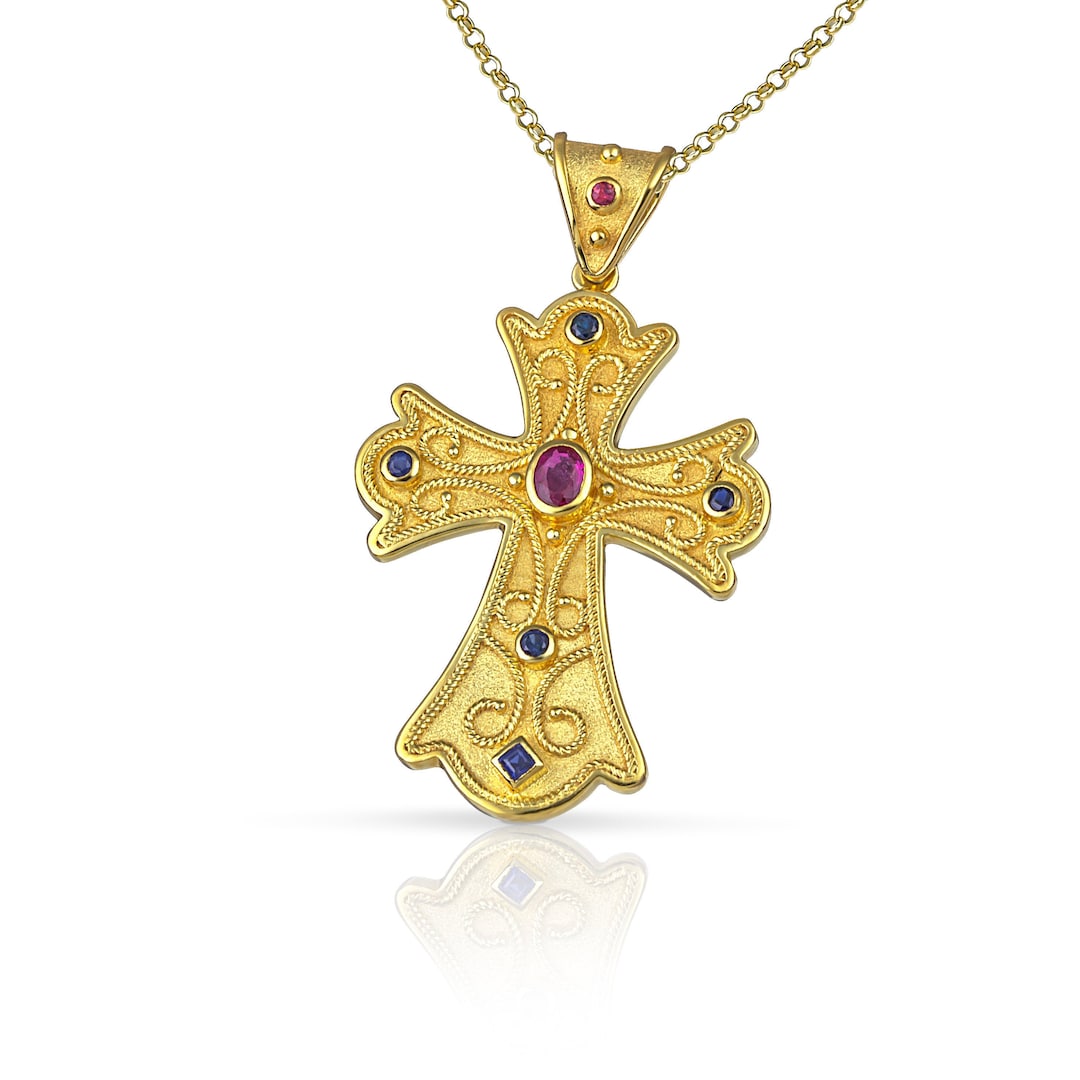 Ruby Sapphire Cross, 18K Solid Gold, Byzantine Cross, Greek Cross, Gold ...
