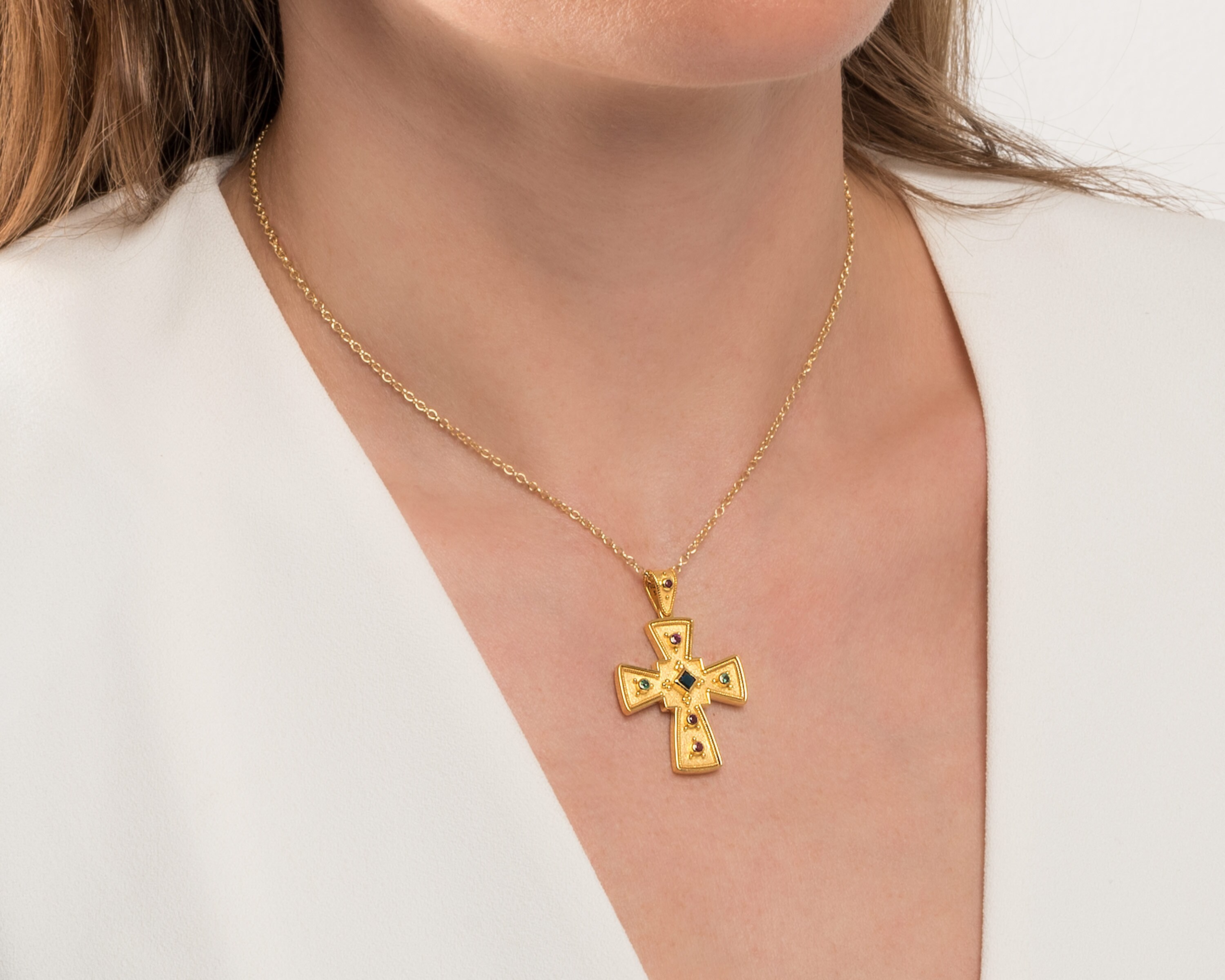 Multi Stone Cross 18K Solid Gold Diamond Cross Byzantine | Etsy