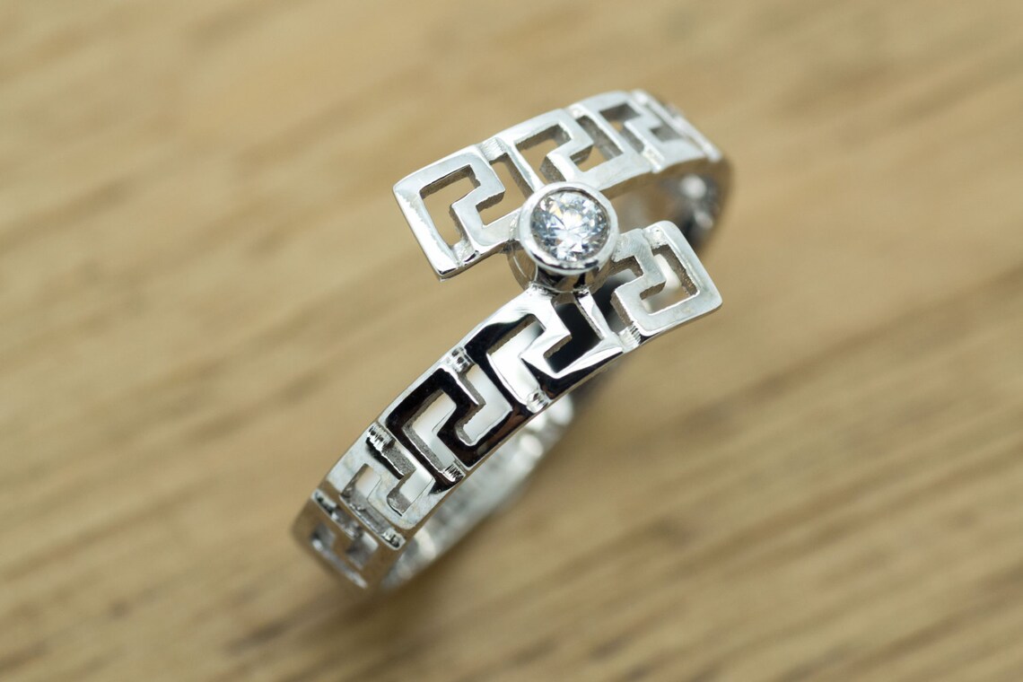 Engagement Ring 14K White Gold Greek Key Ring Round Cubic | Etsy