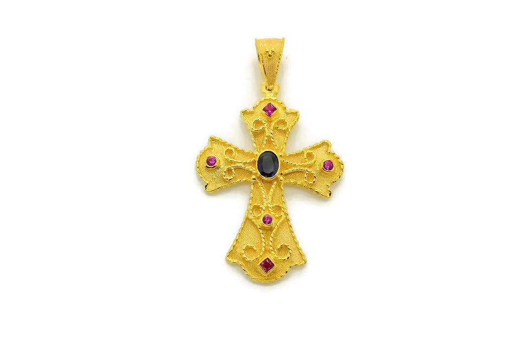Mens Gold Cross, Greek Cross, Byzantine Cross, Husband Gift, Gemstone ...