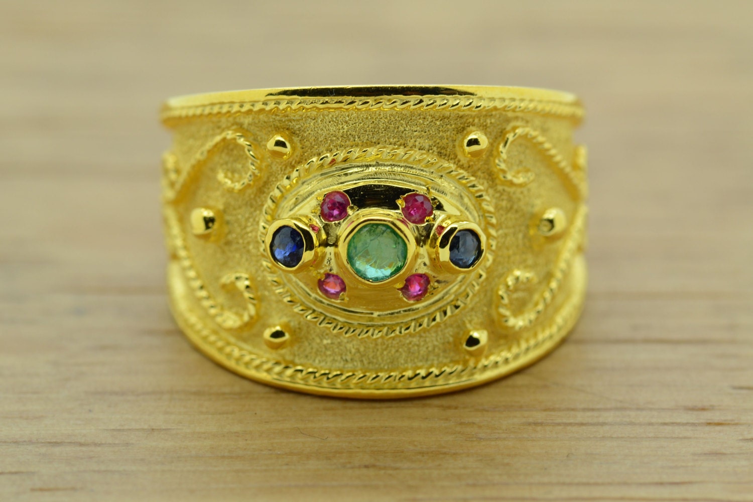 14K Solid Gold Byzantine Etruscan Ring With Natural Sapphire - Etsy