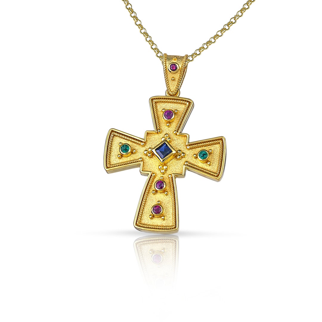 Multi Stone Cross, 18K Solid Gold, Diamond Cross, Byzantine Cross ...