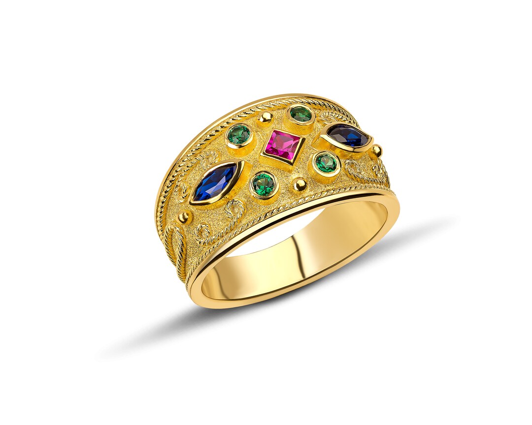 Emerald Ruby Sapphire Byzantine Ring, 18K Gold Byzantine Ring, Gemstone ...