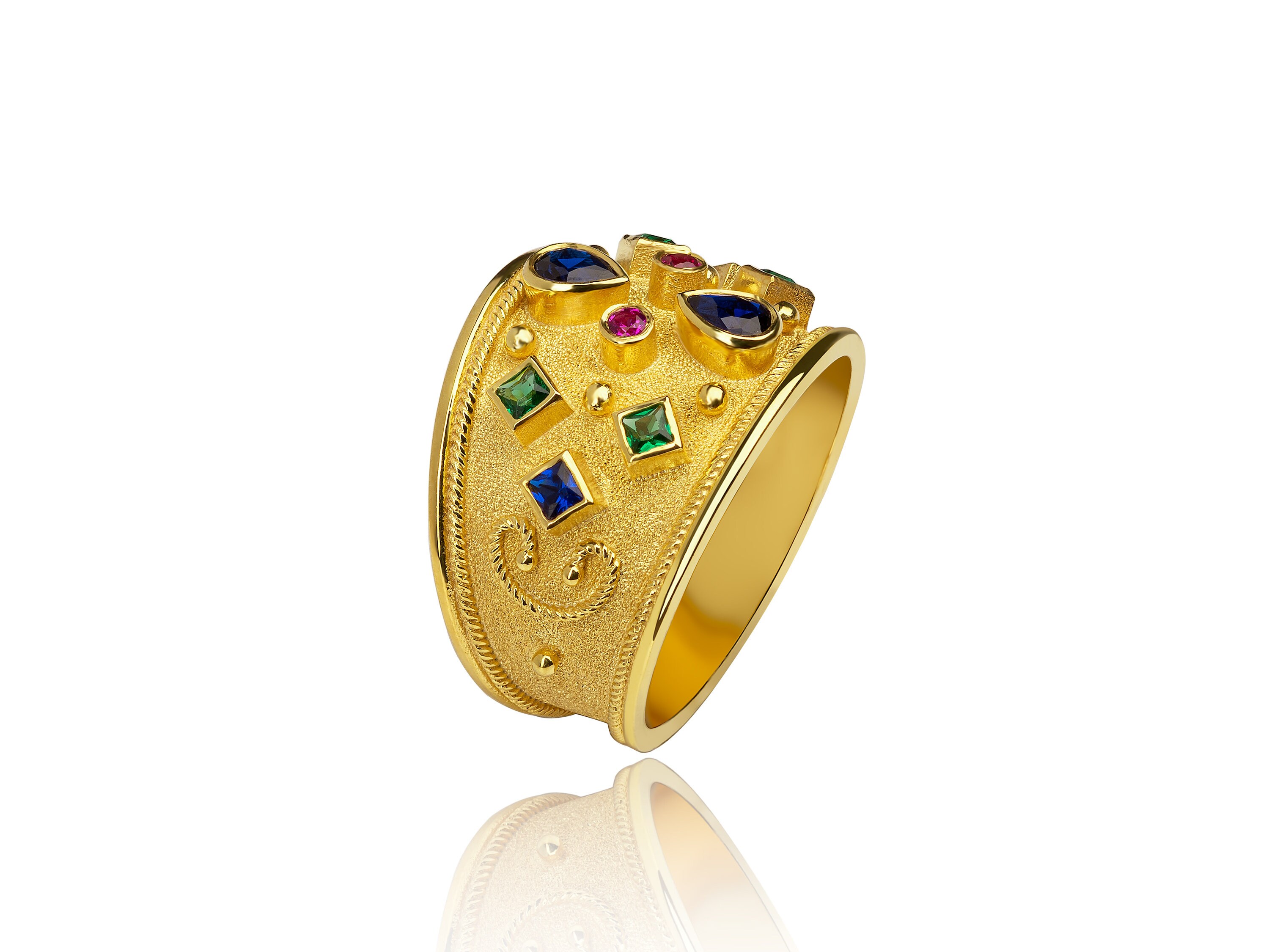 Wide Byzantine Ring, 18K Gold Byzantine Ring, Gemstone Solid Gold Ring ...