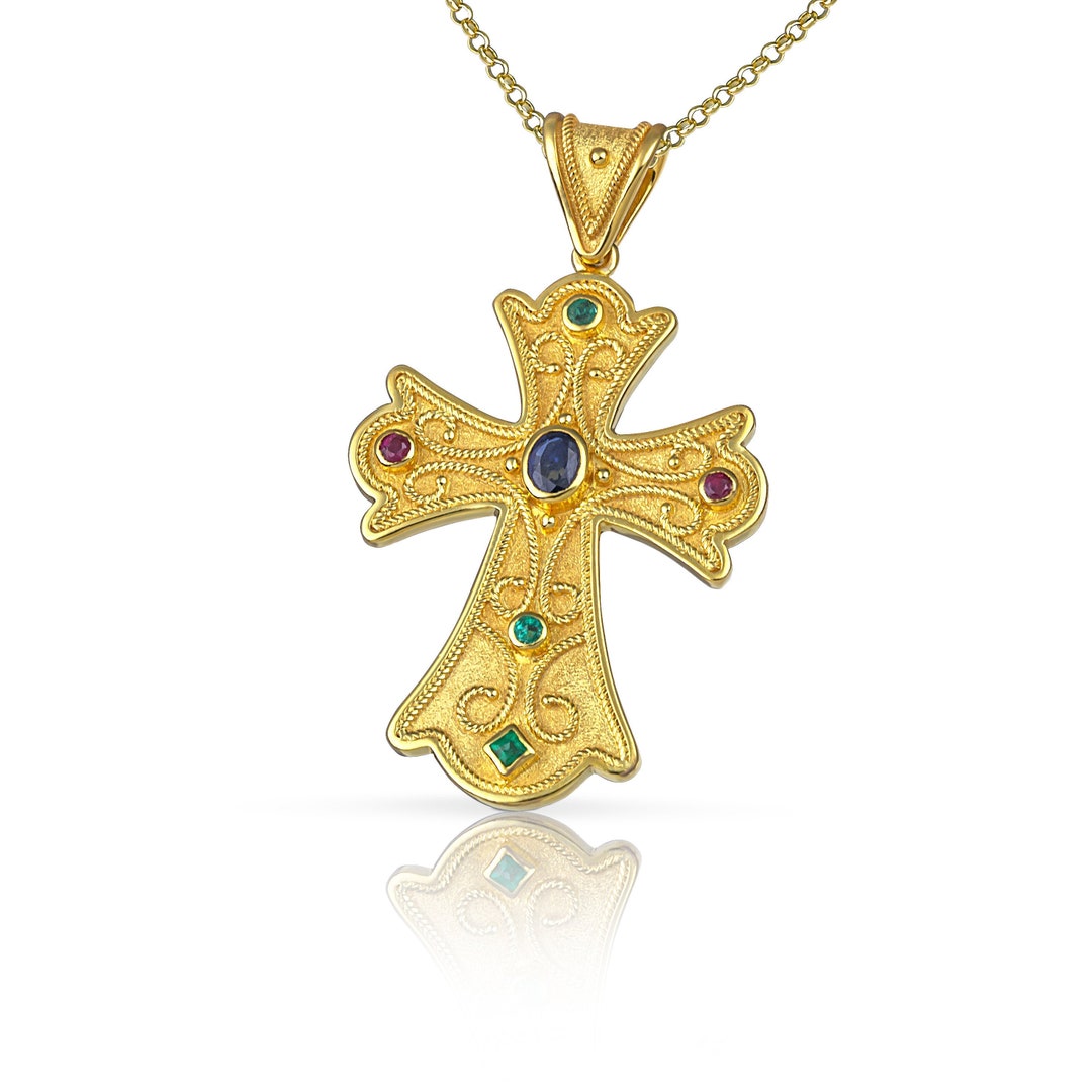 Ruby Sapphire Emerald Cross, 18K Solid Gold, Byzantine Cross, Greek ...