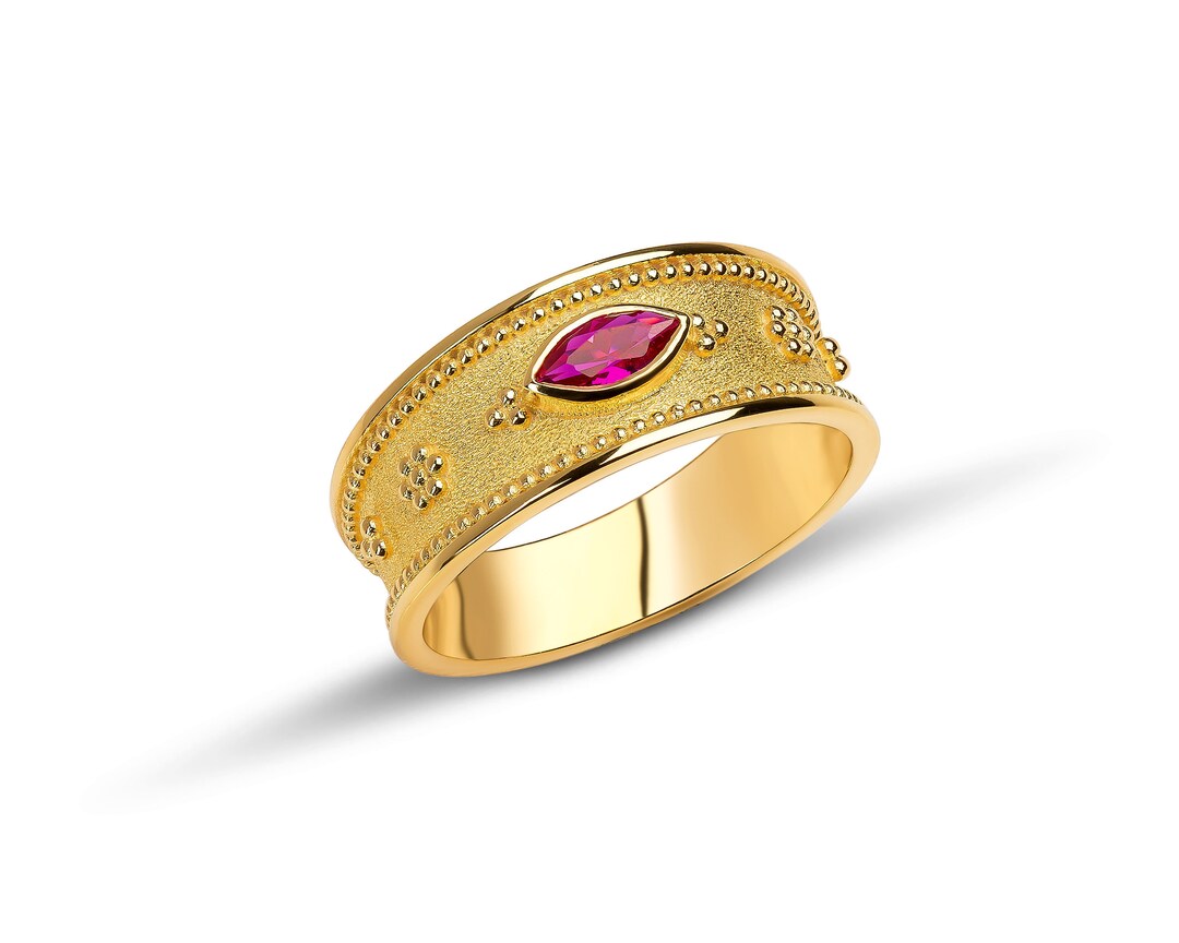 Navette Ruby Ring, Gold Ruby Ring, Byzantine Ring, 18K Gold Byzantine ...