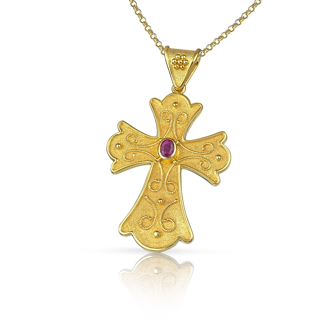 Ruby Cross, 18K Solid Gold, Byzantine Cross, Greek Cross, Gold Cross ...