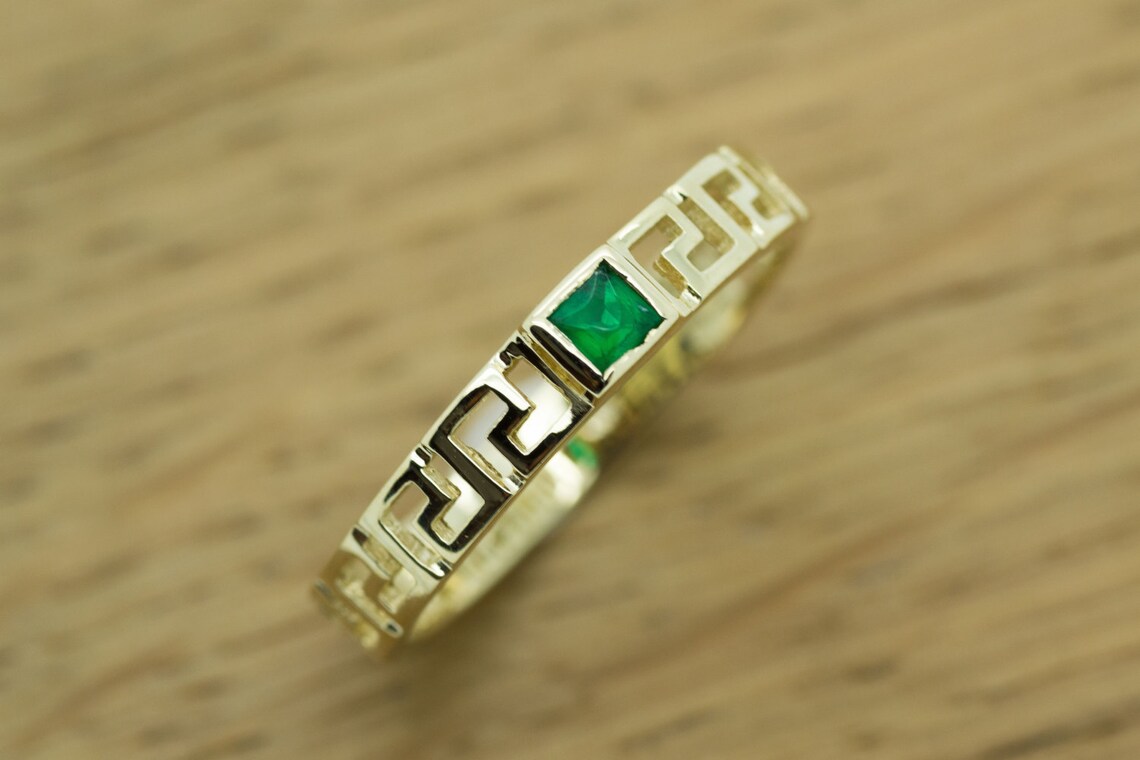 Stackable Rings 14K Solid Gold Greek Key Ring White CZ White - Etsy