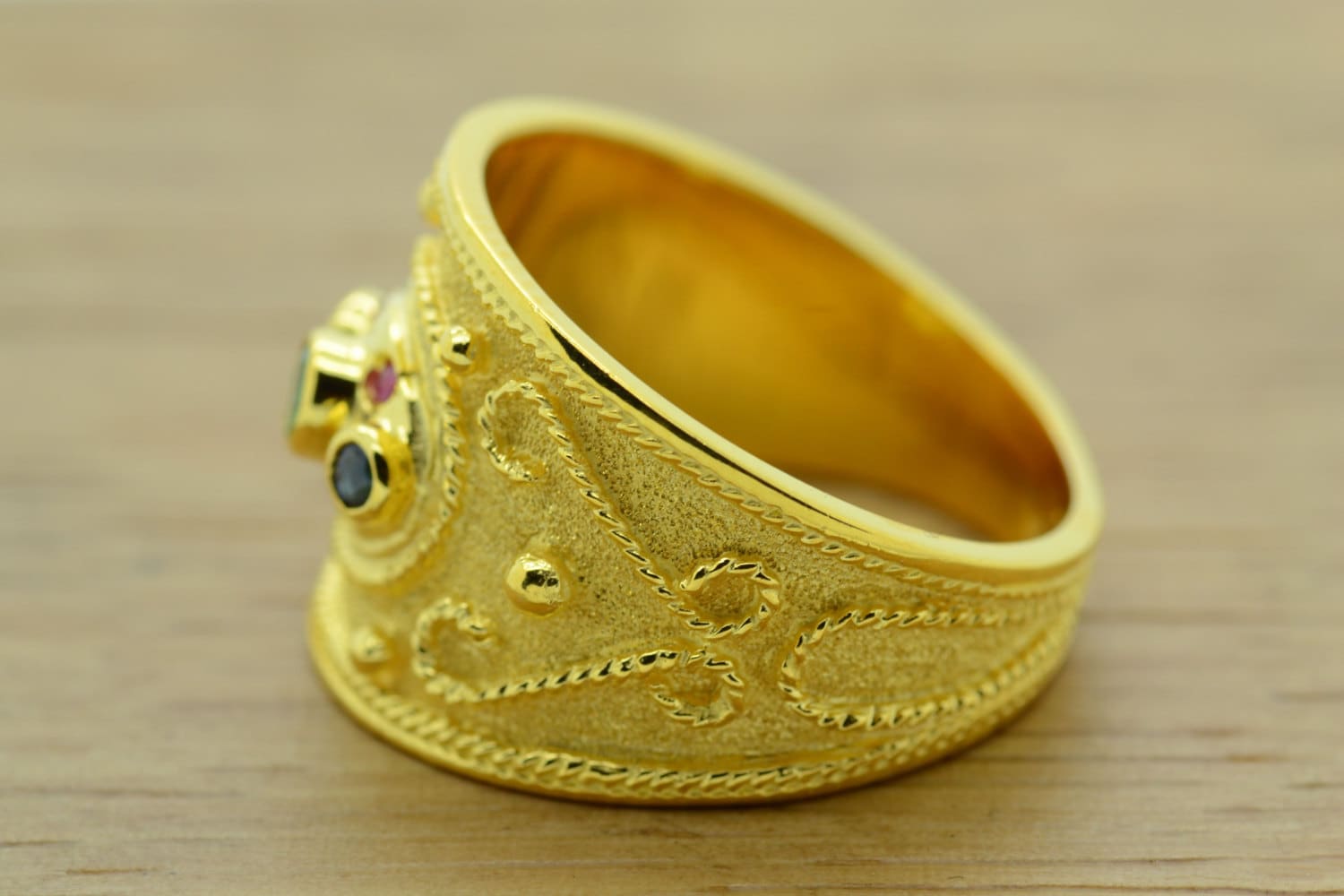 14K Solid Gold Byzantine Etruscan Ring With Natural Sapphire | Etsy