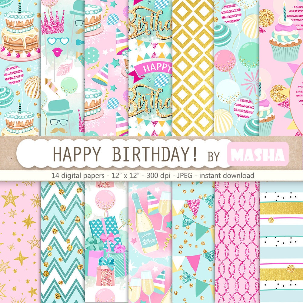 Birthday digital paper: HAPPY BIRTHDAY with party | Etsy