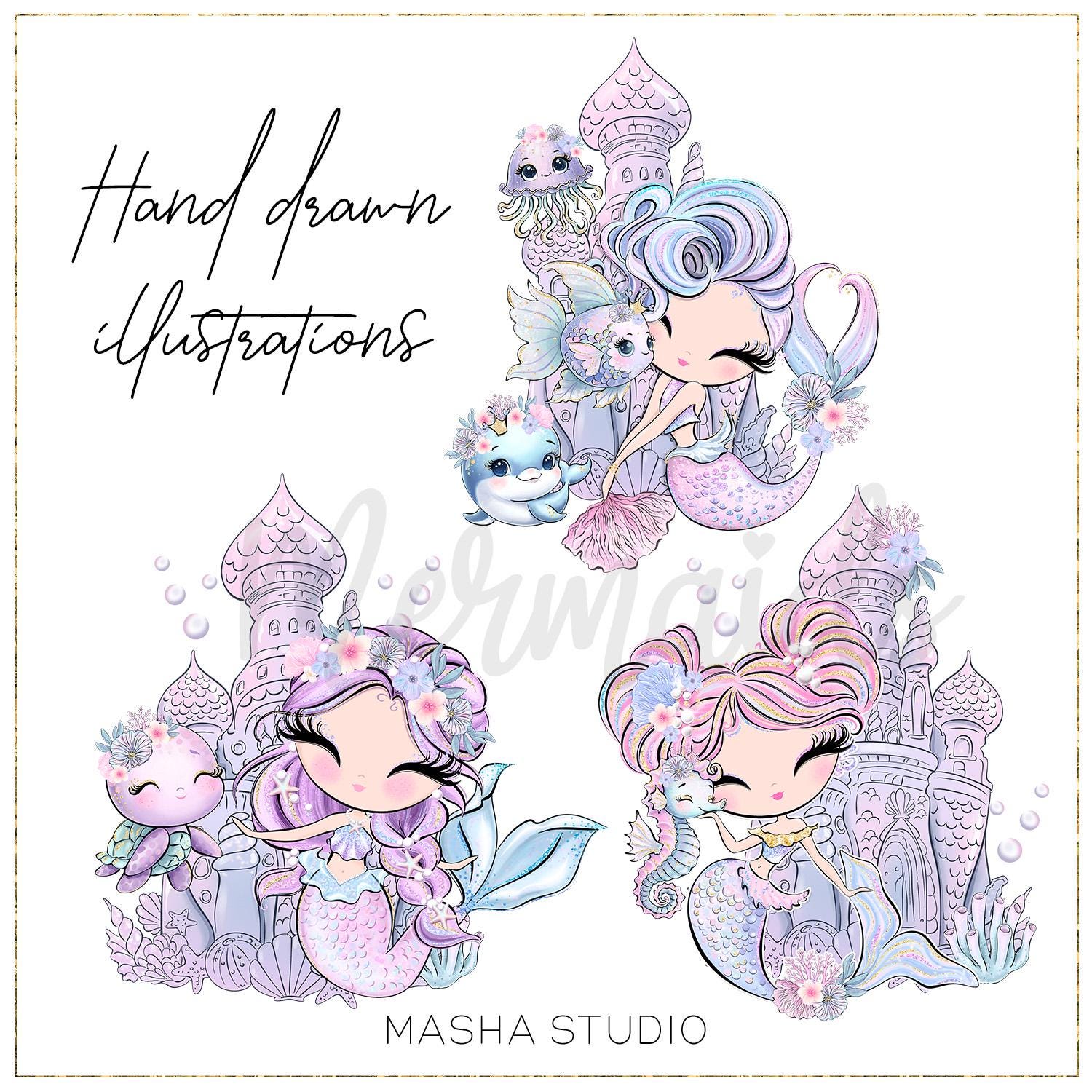 Mermaid Clipart Bundle, Hand Drawn Illustrations, Sea Animals (pngs) - Etsy