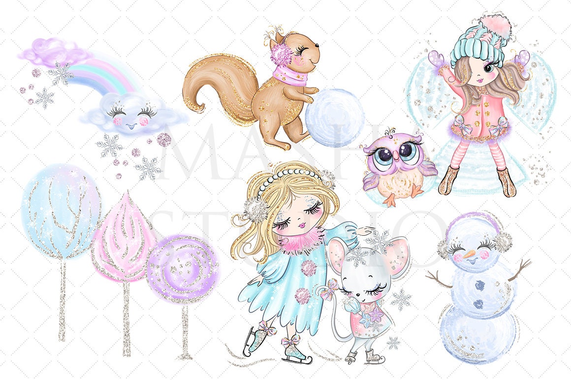 Winter Fun Clipart Cute Animals Clipart Little Girl - Etsy UK