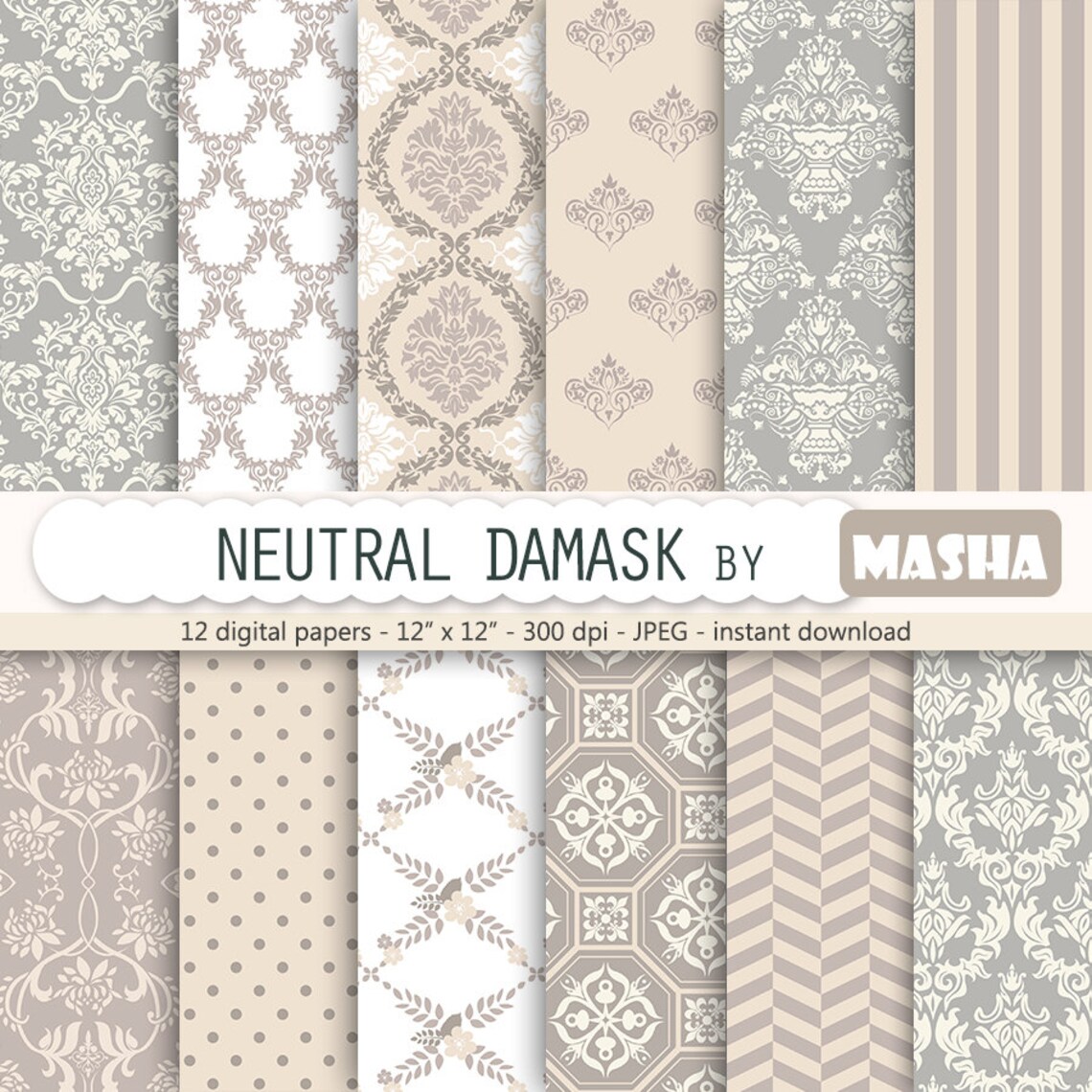 Neutral Pastels Digital Papers: neutral Damask - Etsy