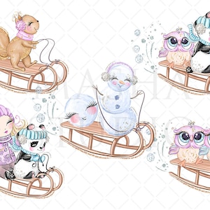 Winter Fun Clipart, Cute Animals Clipart, Little Girl Illustration ...