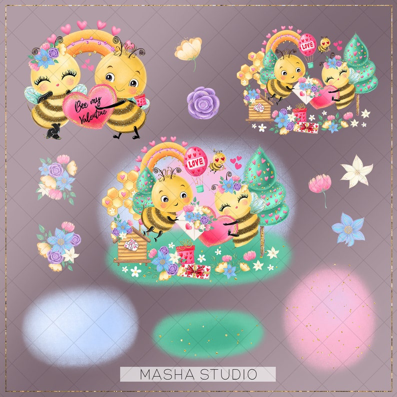 Hand Drawn Valentine's Day Clipart, Bee My Valentine Clipart, Valentine ...