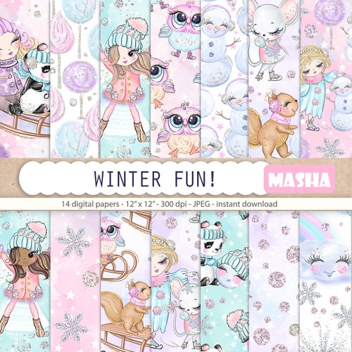 Winter Fun Digital Papers Winter Digital Paper Panda | Etsy