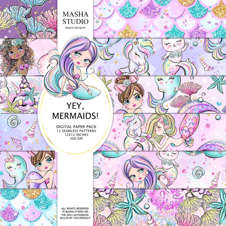 Mermaid Digital Papers, Mermaid Patterns, Mermaid Surface Design ...