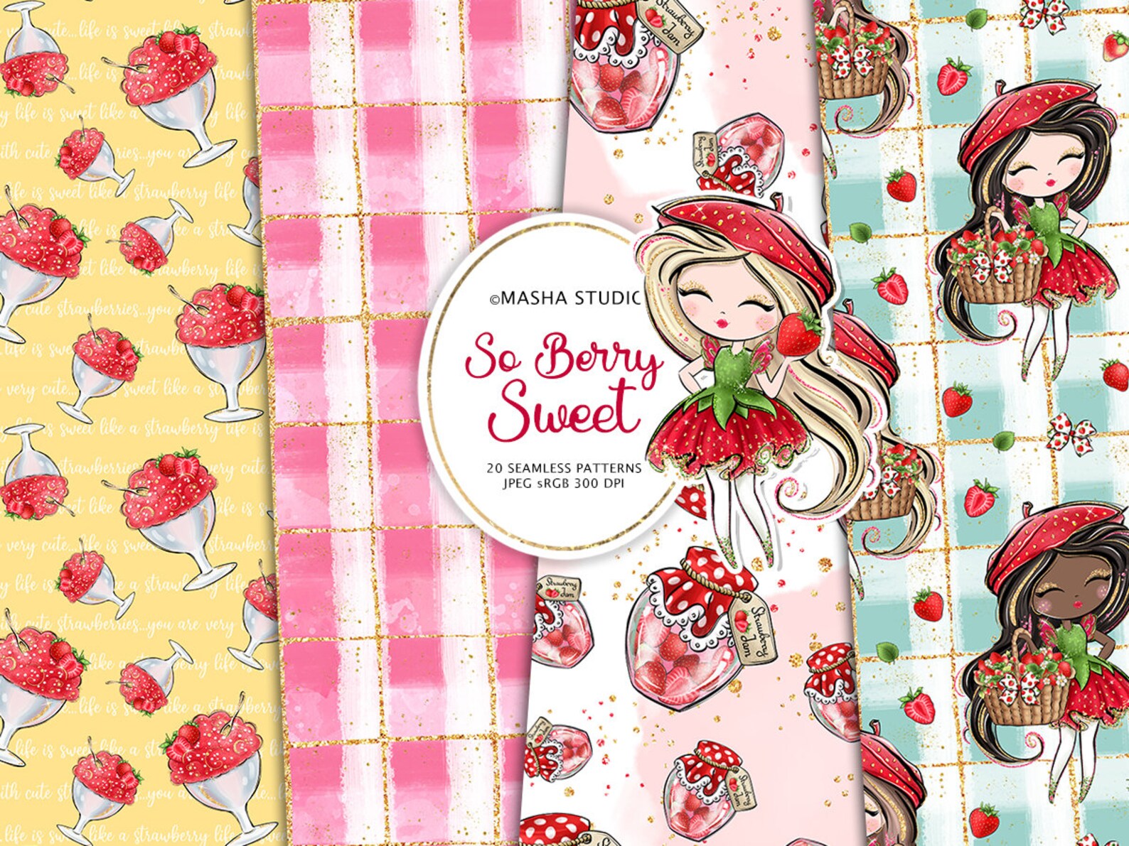 Strawberry Digital Papers, Seamless Strawberry Pattern, Strawberry Girl ...
