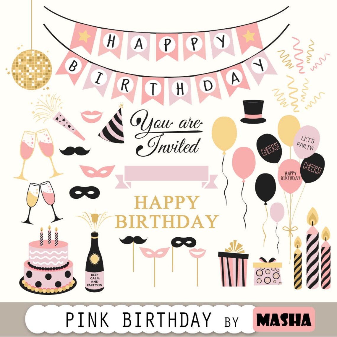 Birthday Clipart: pink BIRTHDAY Clipart Pink Party | Etsy