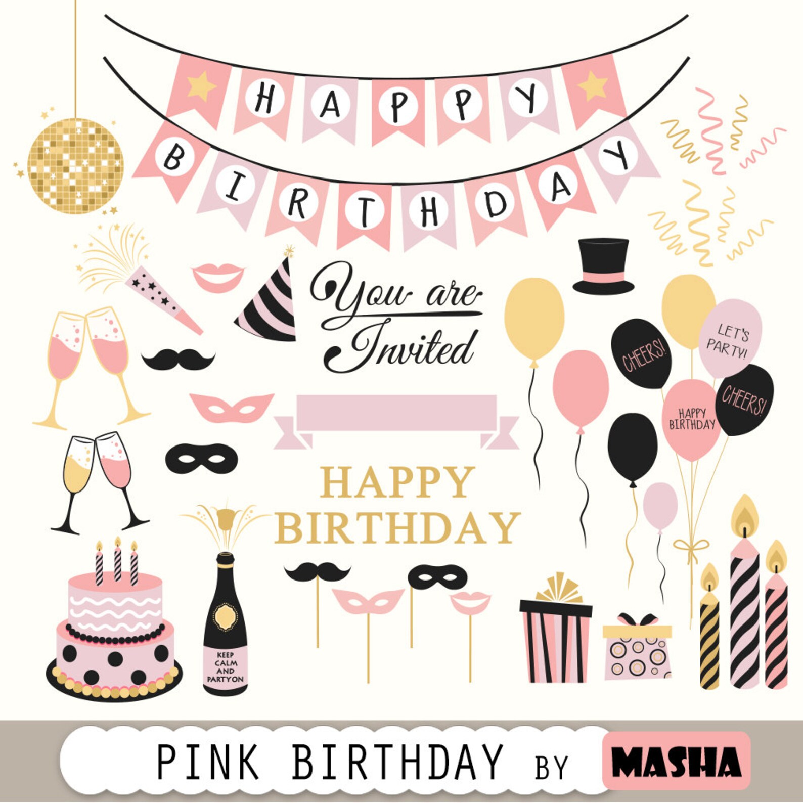 Birthday Clipart: pink BIRTHDAY Clipart Pink Party | Etsy