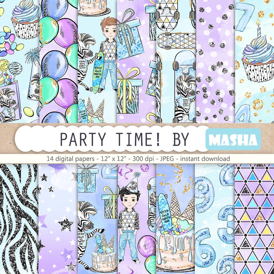 Birthday Boy Party Digital Papers Party Patterns Boy Illustration ...
