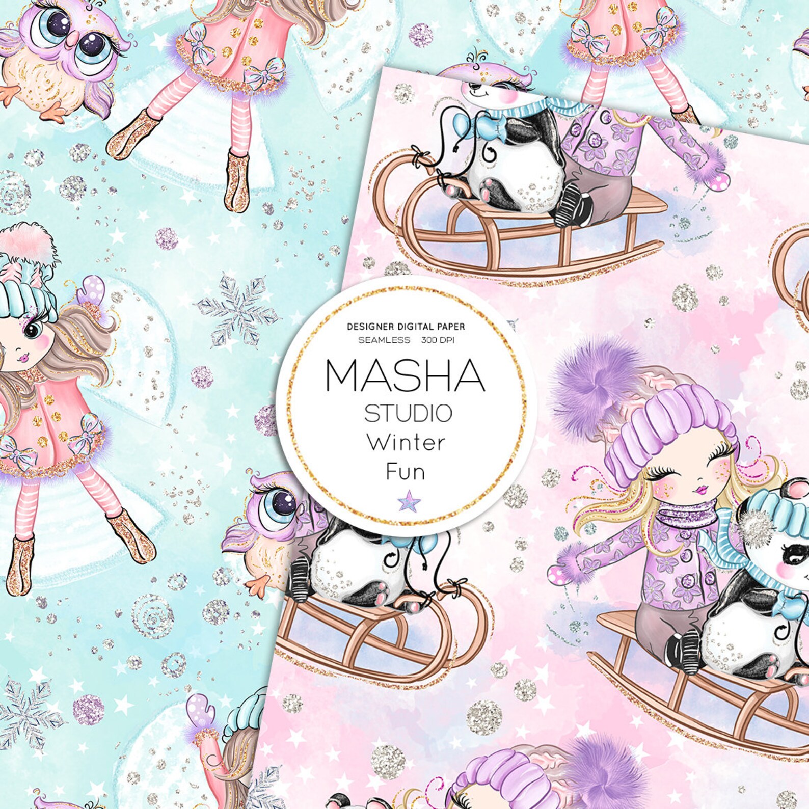 Winter Fun Digital Papers Winter Digital Paper Panda | Etsy