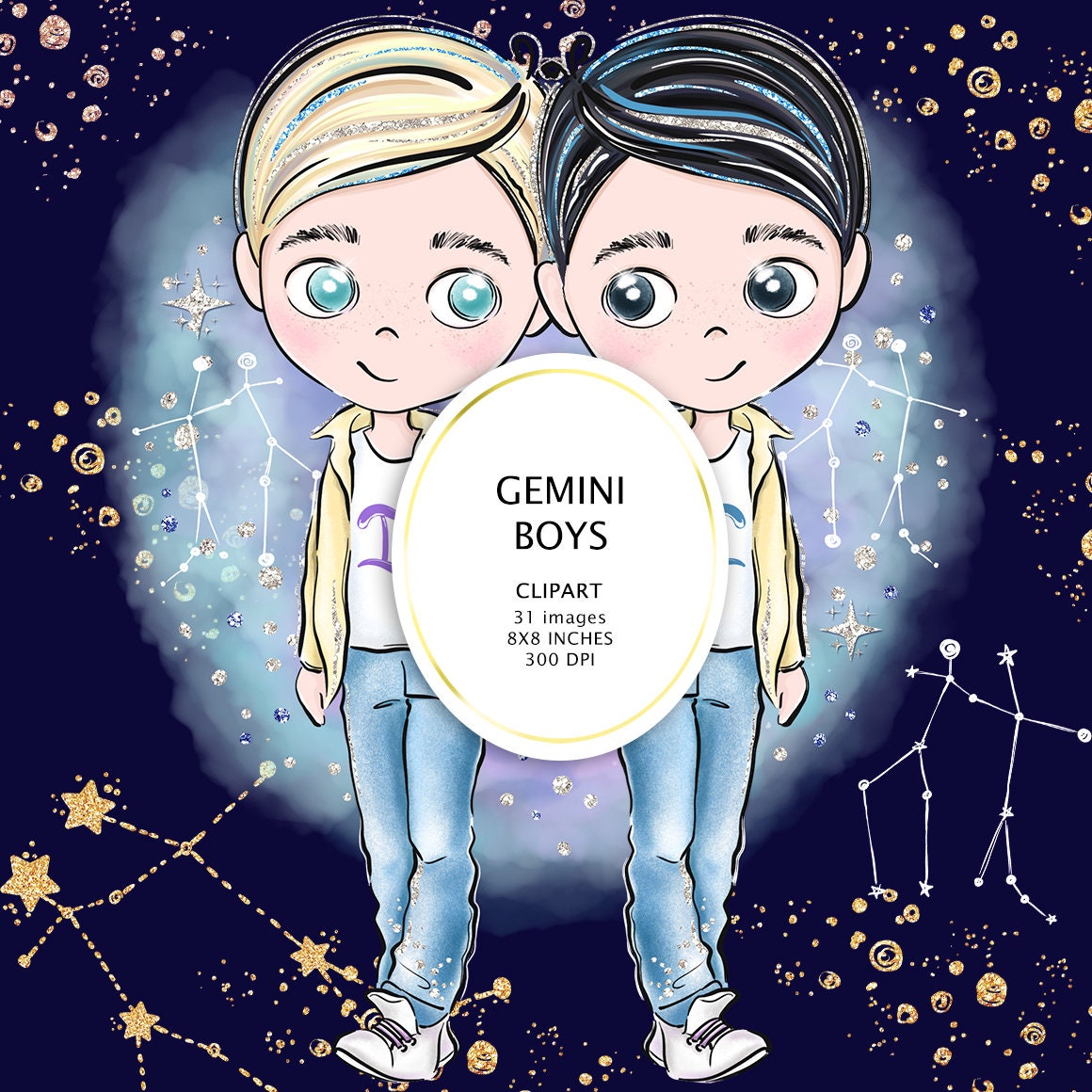 Gemini Boys Clipart, Gemini Clipart, Zodiac Clipart, Astrology Clipart ...