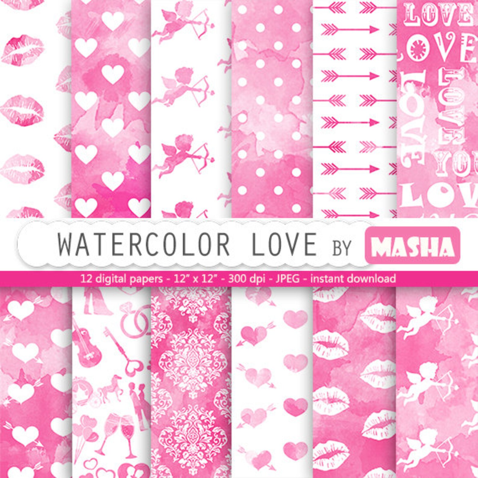 Love Digital Paper: watercolor Love Pink - Etsy