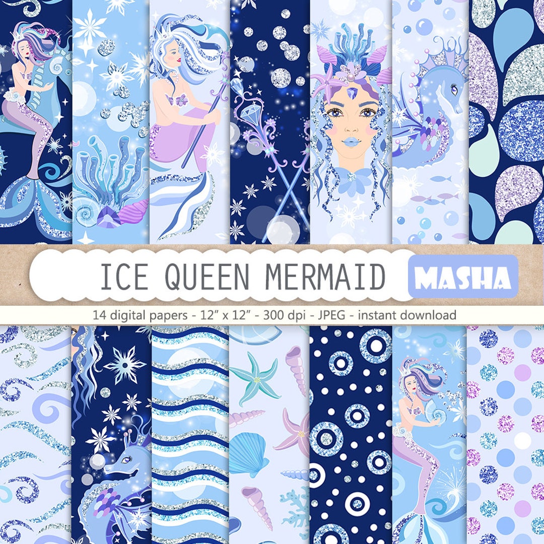Ice Queen Mermaid Digital Papers, Mermaid Digital Paper Pack, Winter ...