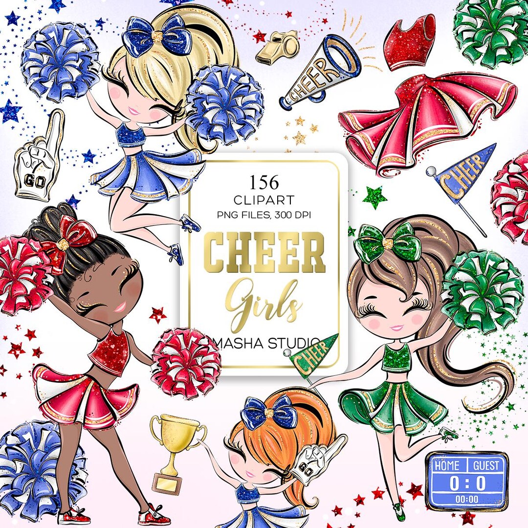 Cheerleader Clipart, Hand Drawn Illustrations, Cheer Girls Clipart, Pom ...