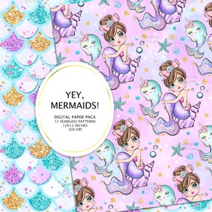 Mermaid Digital Papers, Mermaid Patterns, Mermaid Surface Design ...