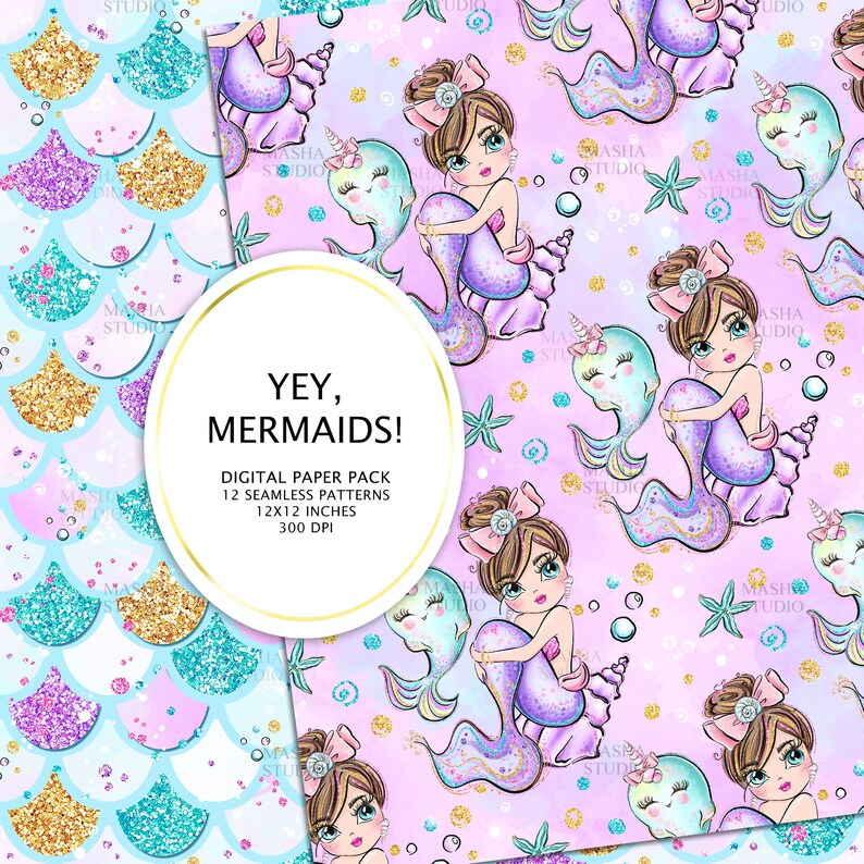 Mermaid Digital Papers Mermaid Patterns Mermaid Surface - Etsy