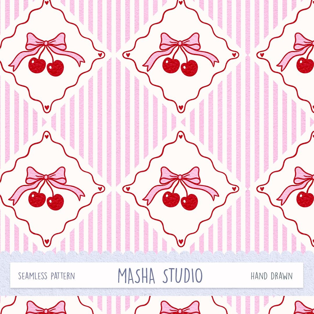 Preppy Cherry Trellis Seamless Pattern by Masha Studio: Pink Stripes ...
