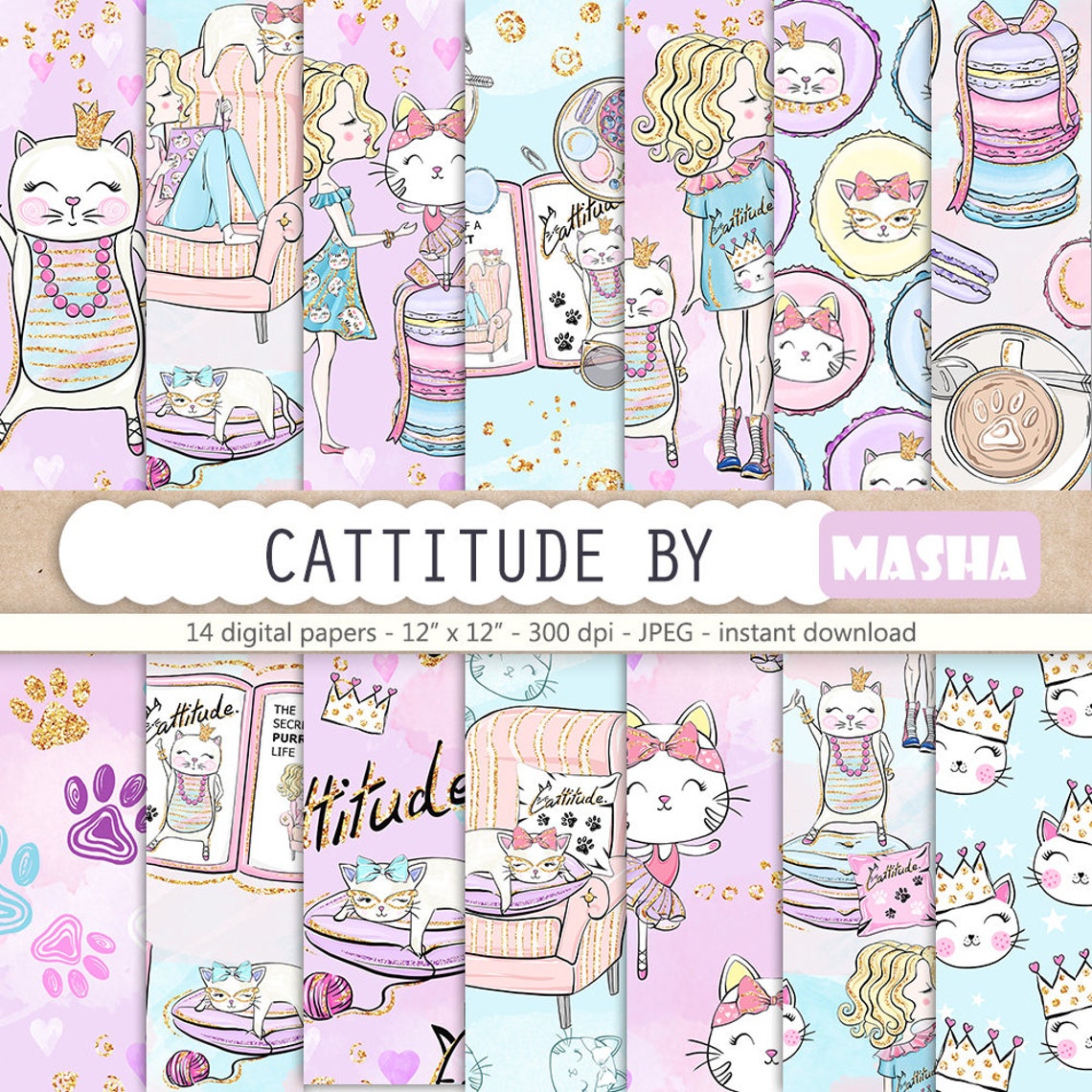 Cattitude Digital Papers Cat Digital Paper Pack Cute Cat - Etsy