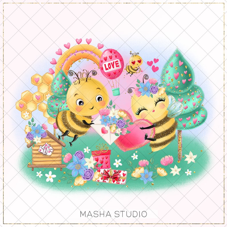 Hand Drawn Valentine's Day Clipart, Bee My Valentine Clipart, Valentine ...