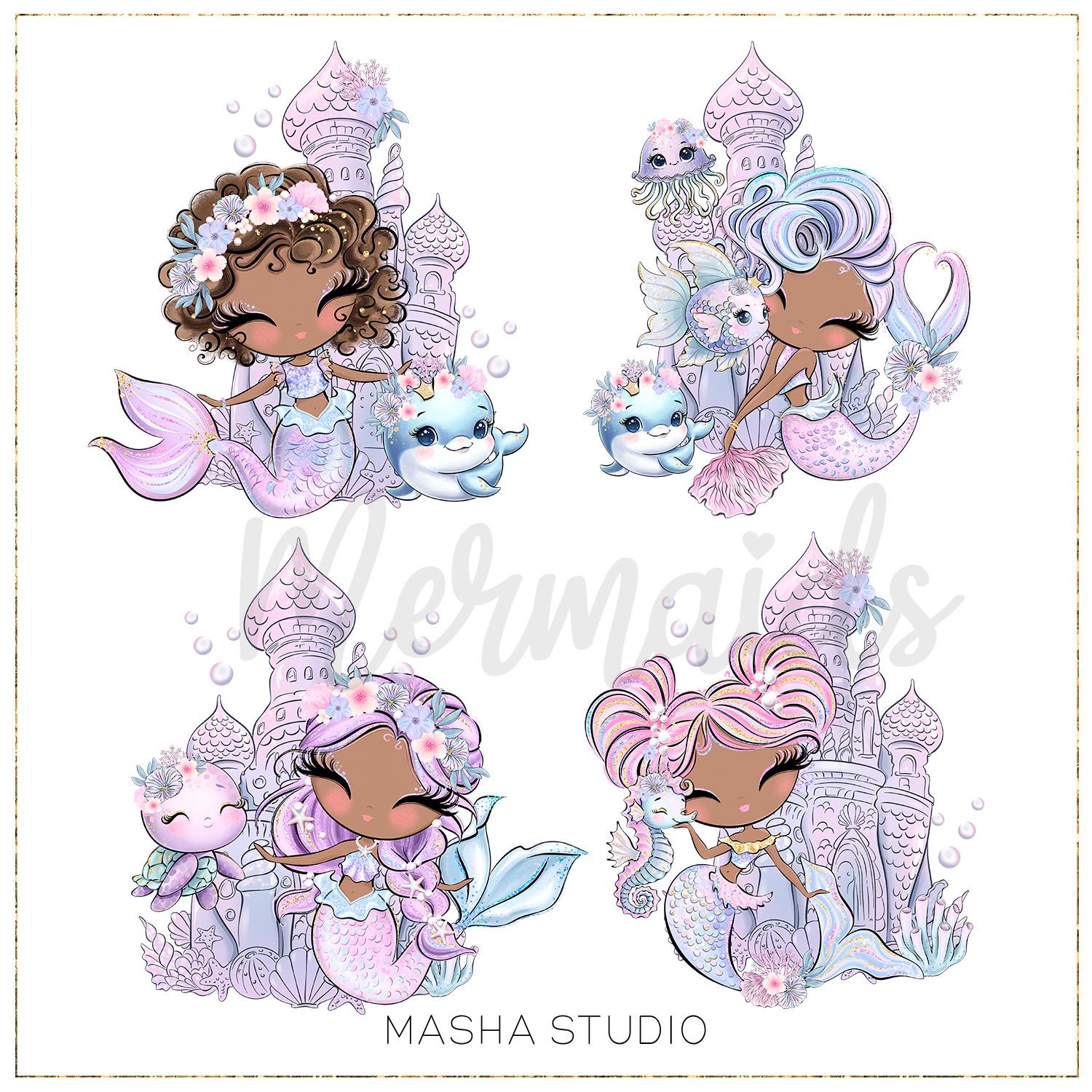 Mermaid Clipart Bundle, Hand Drawn Illustrations, Sea Animals (pngs) - Etsy