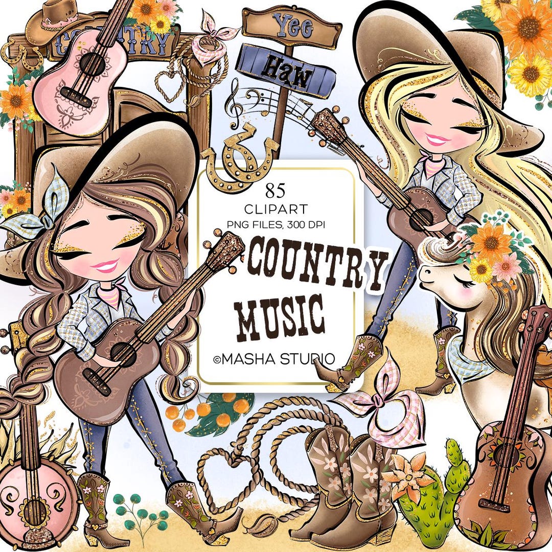 Country Music Hand Drawn Clip Art, Country Girl Illustration, Western ...