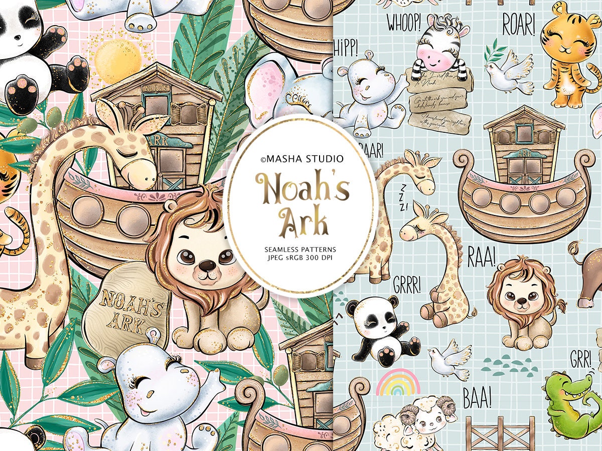 Noah's Ark Digital Papers, Noah's Ark Seamless Patterns, Cute Animals ...