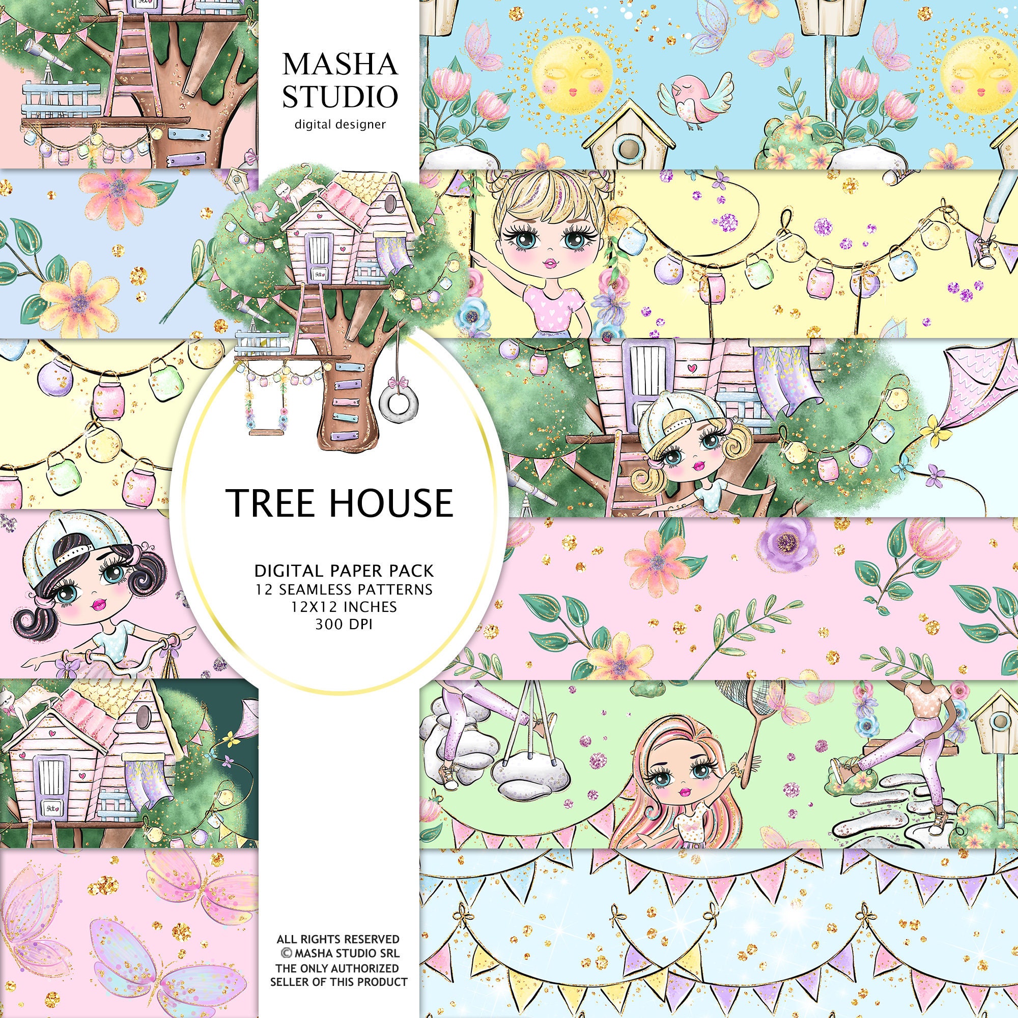 Tree House Digital Papers, Children Playing, Kids Digital Papers, Yard ...