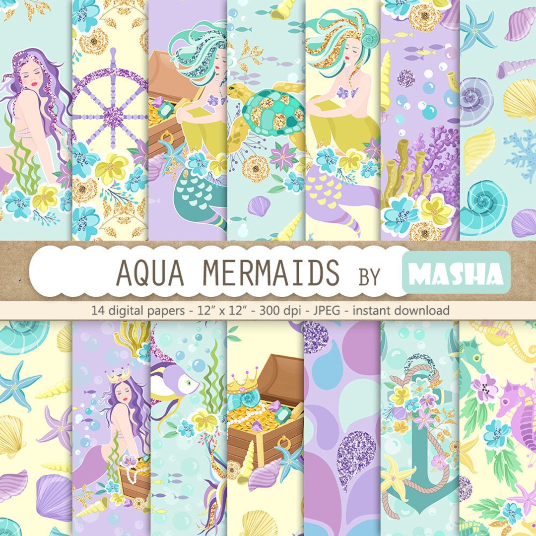 Mermaid Digital Paper: aqua Mermaids With Mermaid Pattern, Nautical ...