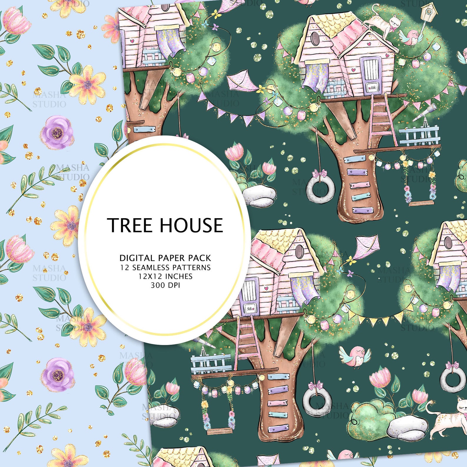 Tree House Digital Papers, Children Playing, Kids Digital Papers, Yard ...